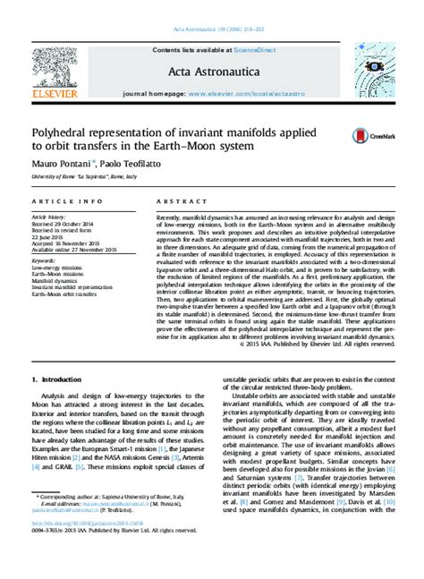 Pdf Polyhedral Representation Of Invariant Manifolds Applied To Orbit Transfers In The Earth
