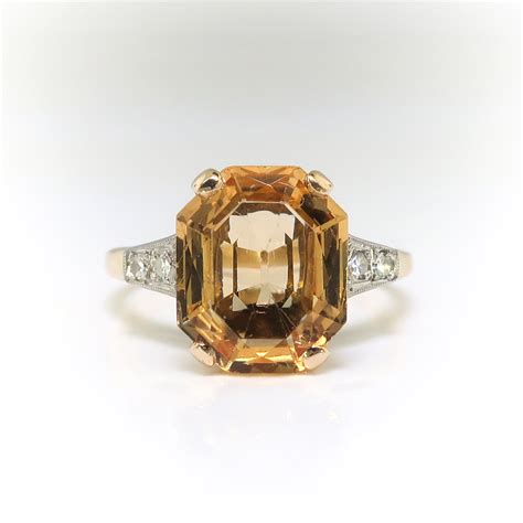 Vintage Retro Orange Yellow Citrine Emerald Cut With Diamonds 14k
