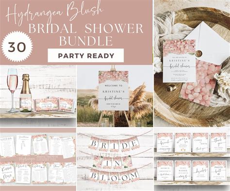Blush Hydrangea Bridal Shower Bundle Editable Invitation Games Signs