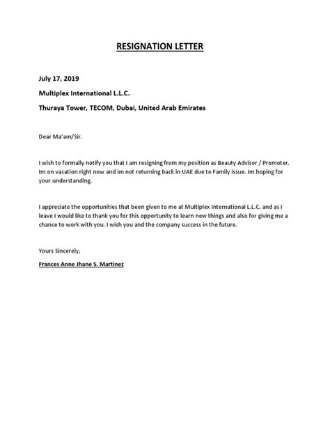 Resignation Letter Template For Beauty Advisor Position Pdf