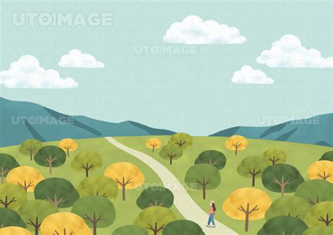 유토이미지 무료 콘텐츠 풍경언덕 등산로 산책하는 여자 일러스트