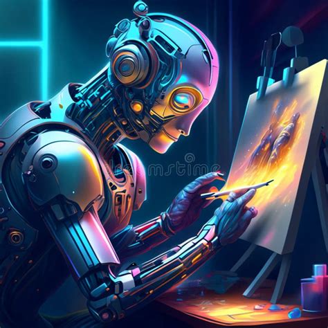 Ilustración Vectorial De Una Robot Hembra Dibujando Una Imagen En Un