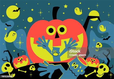 으스스한 할로윈 파티 초대 잭 오 랜턴 유령 박쥐 두개골 죽은 서있는 나무 의 내부 무서운 푸른 남자와 스타 조명 밤 하늘 배경 의인화에 대한 스톡 벡터 아트 및 기타