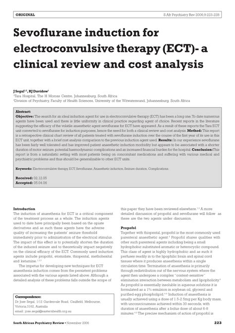 Pdf Sevoflurane Induction For Electroconvulsive Therapy Ect A Clinical Review And Cost Analysis