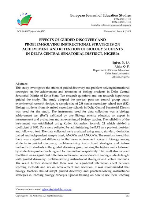 Pdf Effects Of Guided Discovery And Problem Solving Instructional Strategies On Achievement