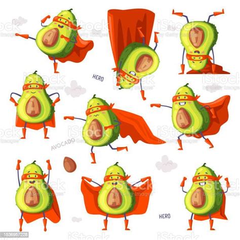 빨간 망토나 망토를 입고 가면을 쓴 재미있는 녹색 아보카도 슈퍼히어로가 정의의 파이터 벡터 세트로 등장한다 개체 그룹에 대한