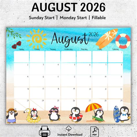 Editable August 2026 Calendar Beautiful Summer Cute Penguins