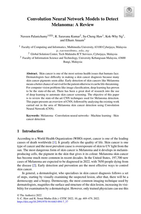 PDF Convolution Neural Network Models To Detect Melanoma A Review