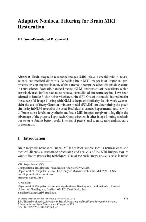 Pdf Adaptive Nonlocal Filtering For Brain Mri Restoration