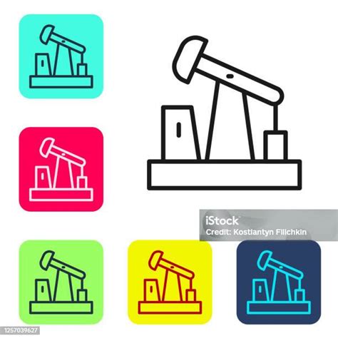 흰색 배경에 격리 된 검은 라인 오일 펌프 또는 펌프 잭 아이콘 석유 굴착 장치 색상 정사각형 단추로 아이콘을 설정합니다 벡터
