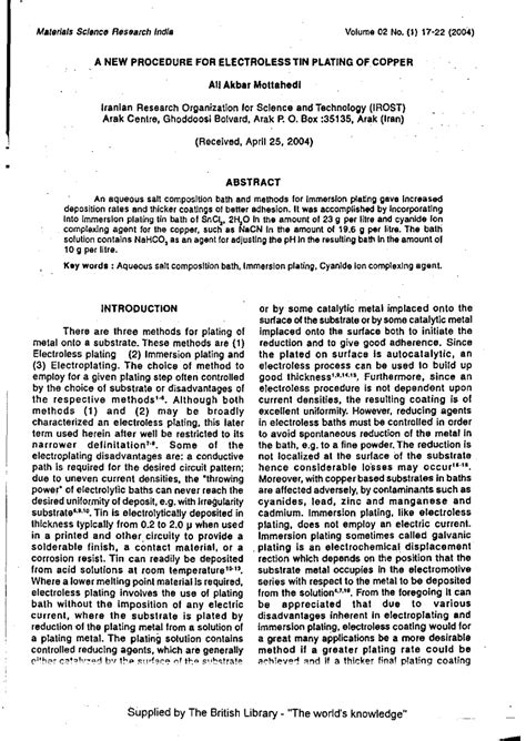 Pdf A New Procedure For Electroless Tin Plating Of Copper