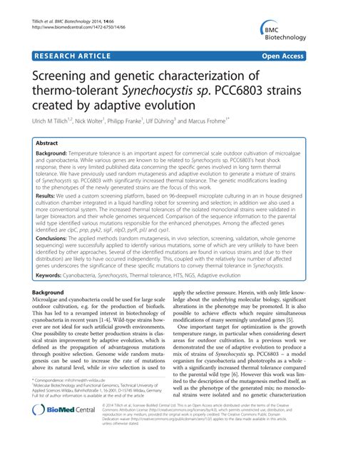 Pdf Screening And Genetic Characterization Of Thermo Tolerant Synechocystis Sp Pcc6803