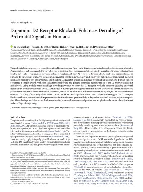 Pdf Dopamine D2 Receptor Blockade Enhances Decoding Of Prefrontal Signals In Humans