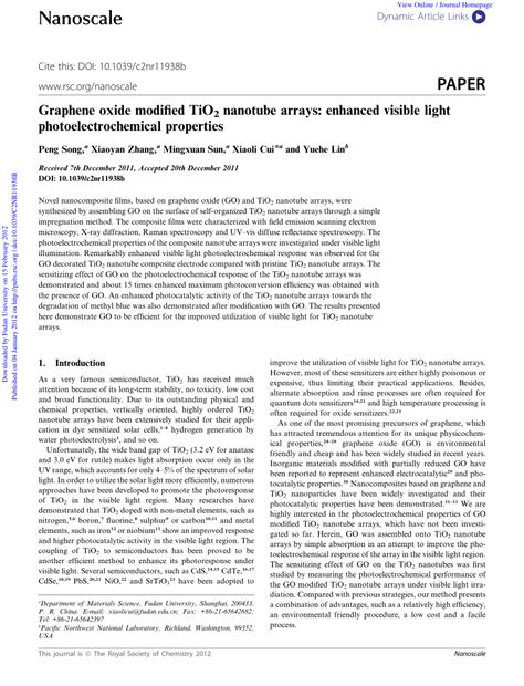 Pdf Graphene Oxide Modified Tio2 Nanotube Arrays Enhanced Visible Light Photoelectrochemical