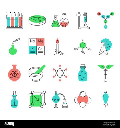 Chemistry Icon Set In Colored Line Style Chemical Laboratory Equipment And Symbols Vector