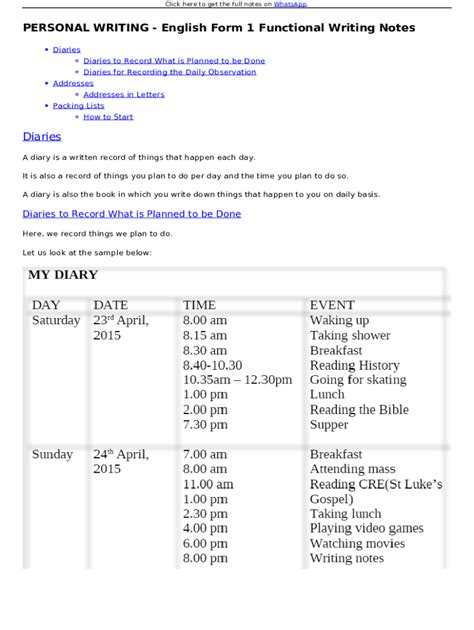 Fillable Online PERSONAL WRITING English Form 1 Functional Writing Notes Fax Email Print