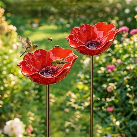Handmade Metal Flower Garden Stake With Bee Bath And Bird Water Bowl