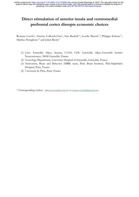 Pdf Direct Stimulation Of Anterior Insula And Ventromedial Prefrontal Cortex Disrupts Economic