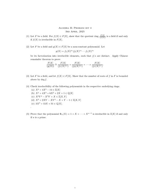 Algebra Ii Problem Set Fields And Polynomials Pdf