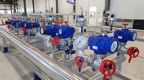 Industrial Piping System With Valves Gauges And Insulated Pipes In Modern Factory Stock