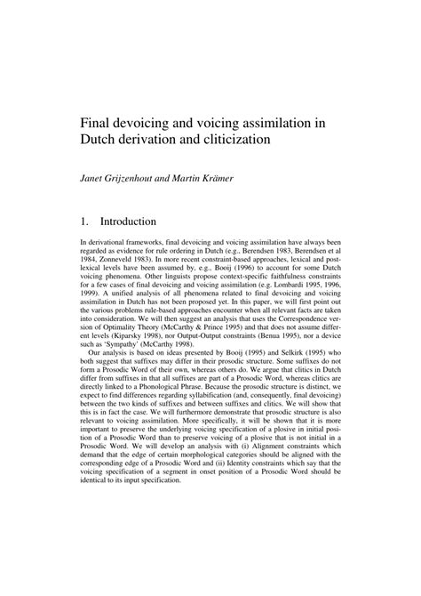 Pdf Final Devoicing And Voicing Assimilation In Dutch Derivation And Cliticization