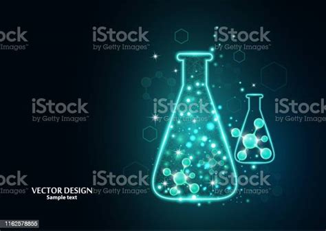 점 선 및 형태로 만들어진 프레임 그리드가 있는 테스트 실험실 플라스크 어두운 배경에 벡터 일러스트 아트 스타일 디자인입니다