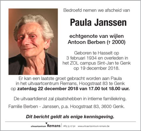 Paula Janssen † 19 12 2018 Inmemoriam