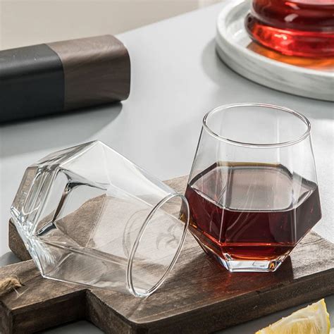 Wholesale 10oz Hexagonal Glass Drinking Glassware Whiskey Drinkware 12oz Diamond Shaped Stemless