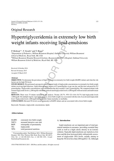 Pdf Hypertriglyceridemia In Extremely Low Birth Weight Infants Receiving Lipid Emulsions
