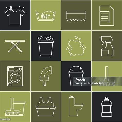 세정제 용 병 설정 손잡이 빗자루 청소 스프레이 병 스폰지 거품 양동이 다리미판 옷 건조 및 물 유출 아이콘 벡터 가정 생활에 대한 스톡 벡터 아트 및 기타 이미지 Istock