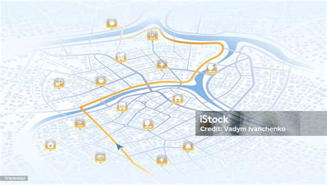 아이소메트릭 한 지점에서 의도 한 목표까지의 경로 많은 목적지 표지판 지도 전체의 주요 도로 경로의 거리 및 회전에 대한 데이터를 얻기 위한 내비게이션 매핑 기술 벡터 위치