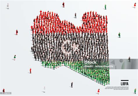 리비아지도와 플래그 지도를 만들기 위해 리비아 국기 색상 형태의 사람들의 큰 그룹 벡터 일러스트레이션 개념에 대한 스톡 벡터
