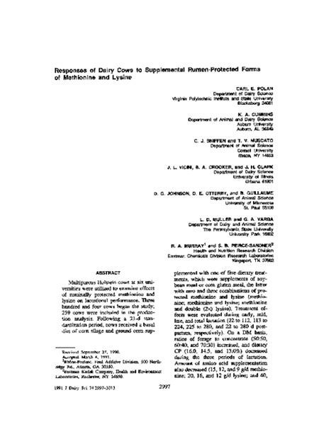Pdf Responses Of Dairy Cows To Supplemental Rumen Protected Forms Of Methionine And Lysine