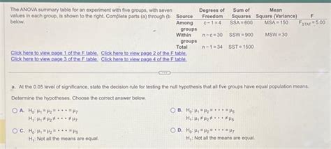 solved the anova summary table for an experiment with five