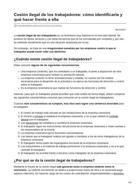Cesión Ilegal De Los Trabajadores Cómo Identificarla Y Qué Hacer Frente A Ella Pdf Business