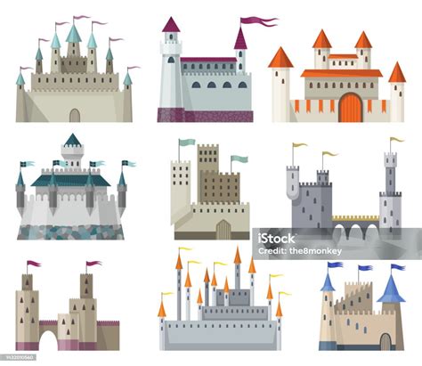 중세 왕국 성 중세 역사 시대의 동화 같은 건물 벡터 건물 외관 디자인 로얄 포트리스 성 건축물에 대한 스톡 벡터 아트 및 기타