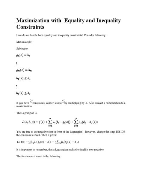Maximization With Equality And Inequality Constraints Lagrangian Pdf