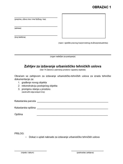 Obrazac 1 Zahtjev Za Izdavanje Urbanisticko Tehnickih Uslova Pdf