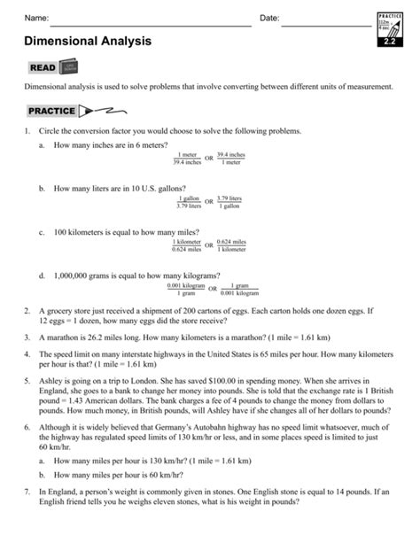 Dimensional Analysis Worksheet Unit Conversions