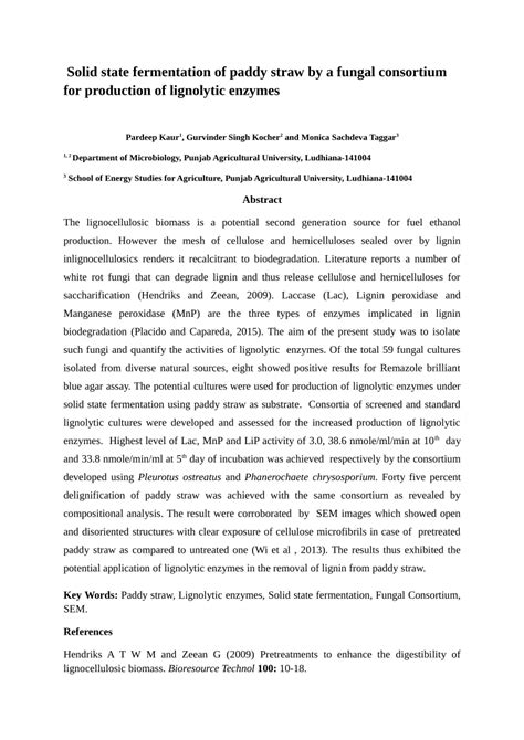 PDF Solid State Fermentation Of Paddy Straw By A Fungal Consortium For Production Of