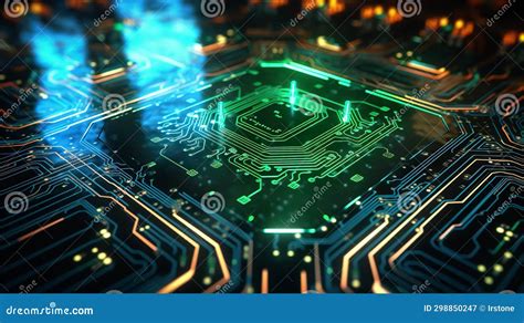 Supercomputer Cpu And Gpu Circuits Mother Board Interconnection With Neon Glowing Light Stock