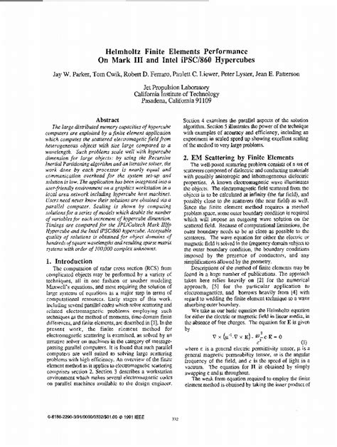 Helmholtz Finite Elements Performance On Mark Iii And Intel Ipsc860