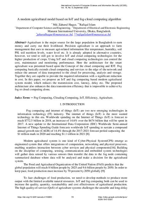 Pdf A Modern Agricultural Model Based On Iot And Fog Cloud Computing Algorithm