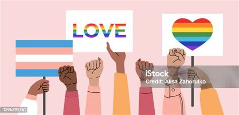성소수자 포스터 트랜스젠더 무지개를 들고 있는 사람들의 군중 성소수자에 대한 스톡 벡터 아트 및 기타 이미지 성소수자