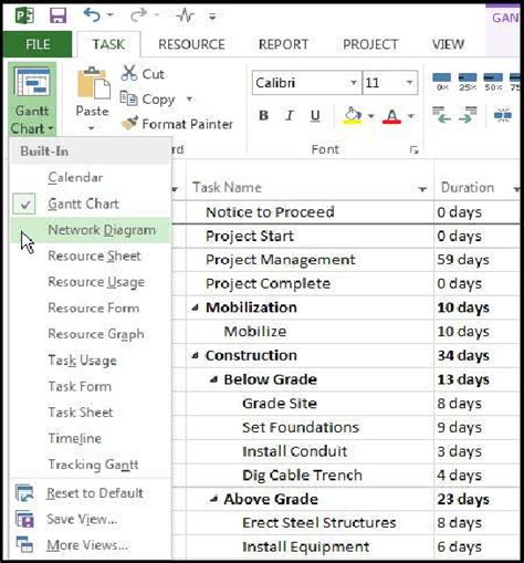 a network diagram of the schedule select the task tab view ribbon