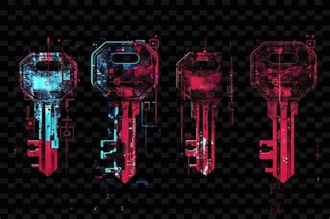 Premium PSD | Glowing neon keys unlocking glitched key texture material di y2k texture shape ...