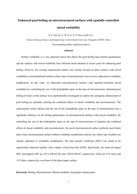 Pdf Enhanced Pool Boiling On Microstructured Surfaces With Spatially Controlled Mixed Wettability
