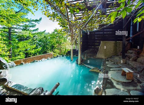 The Japanese Outdoor Onsen Baths At Manzansou In Nagano Japan Stock