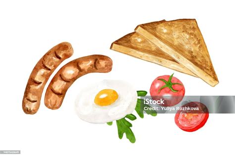 계란 토스트 소시지 토마토 허브로 구성된 전통적인 아침 식사를 설정합니다 손으로 그린 수채화 그림은 흰색 배경에 분리되어 있다 디자인 메뉴에 대한 템플릿입니다