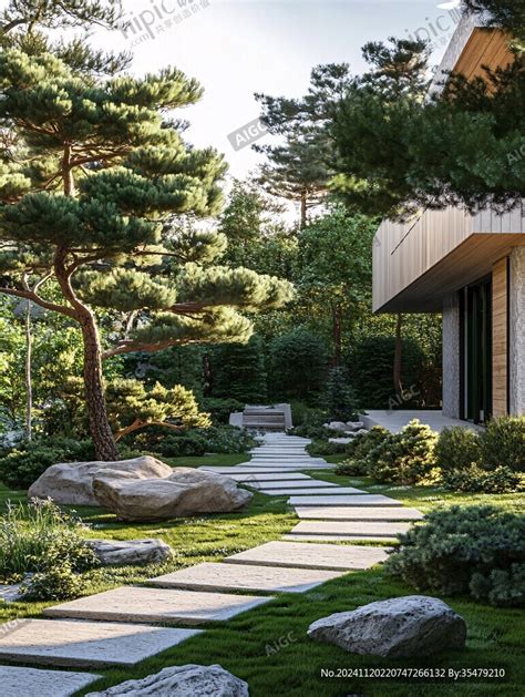 Ai创作图高端园林设计 禅意花园设计 日式枯山水花园 日式枯山水庭院 树木与植物与石头小径与庭院 高清庭院设计 禅意庭院设计 山石别墅庭院 园林庭院设计 小径与石头树木植物与庭院 枯山水别墅